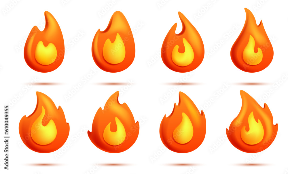 3d fire flame collection isolated on white background. 3d cartoon ...