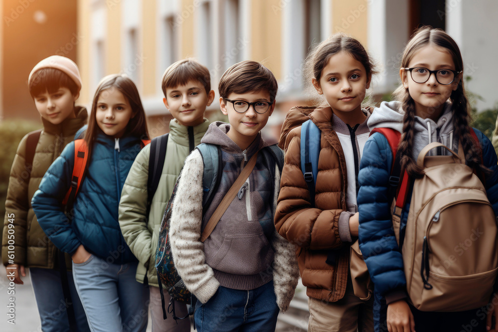 Generative AI illustration of Group of 10 - year - old students at the ...