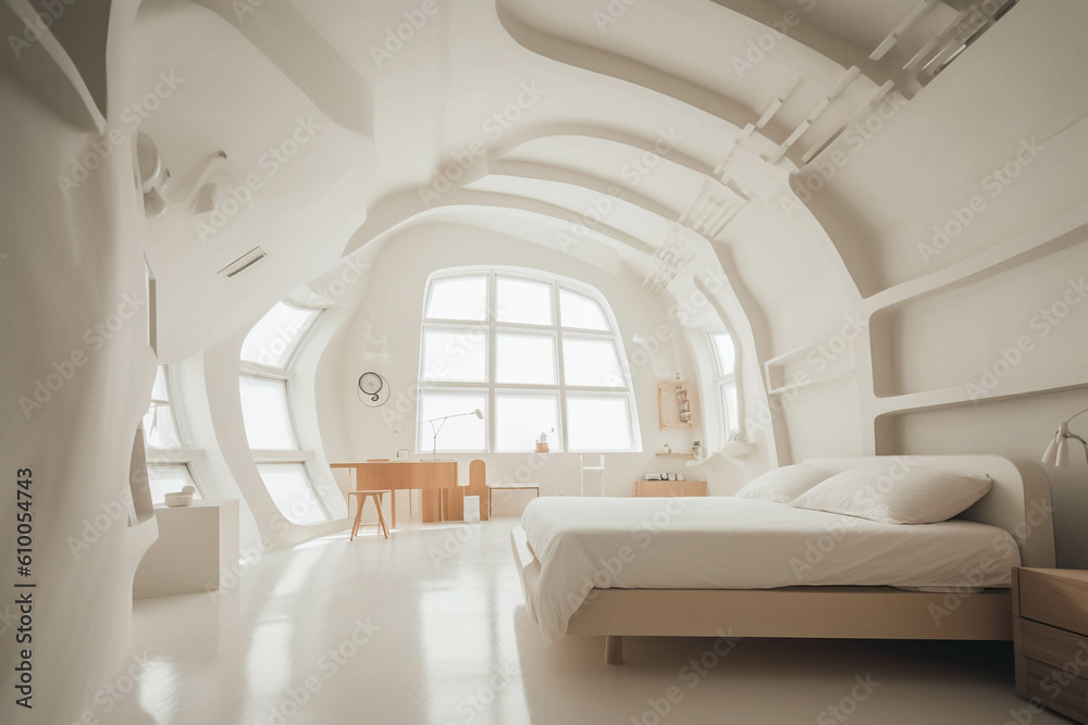 Organic Bedroom All-white color palette. Centered perspective. Interior ...