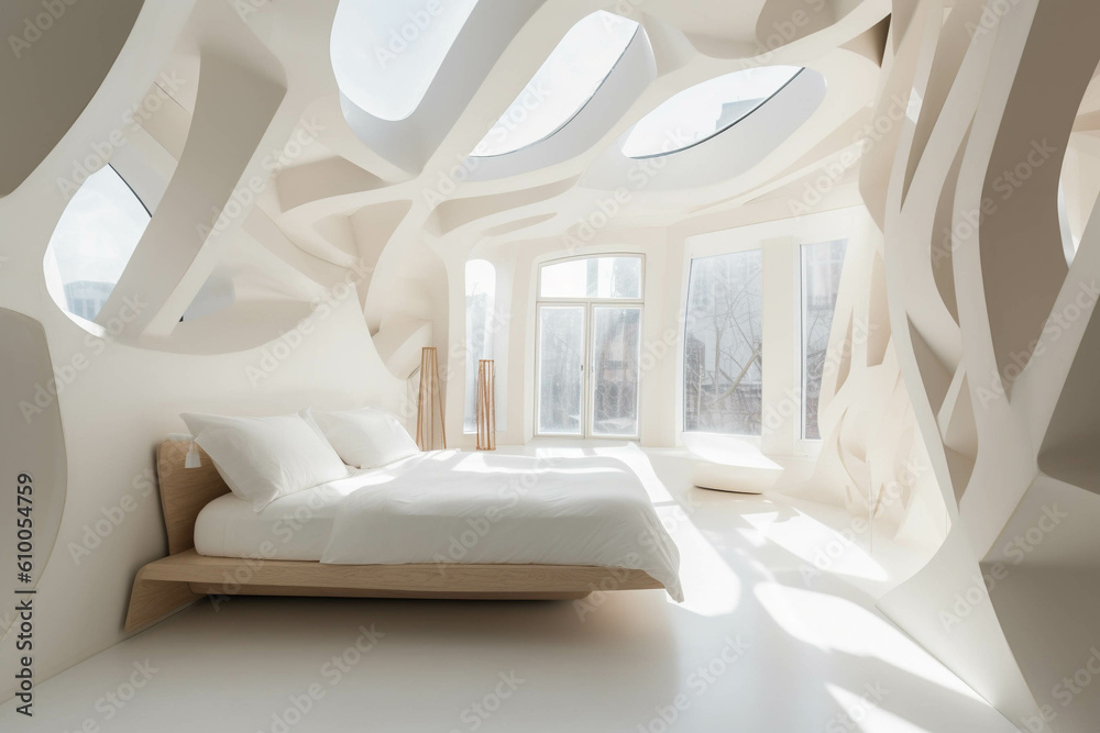 Organic Bedroom All-white color palette. Centered perspective. Interior ...