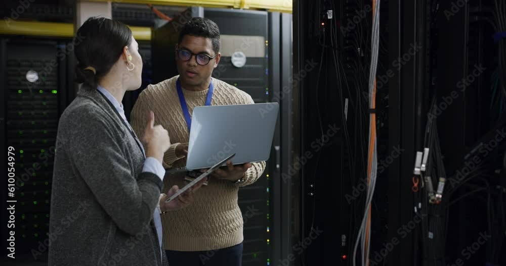 Team, problem solving and data center, woman and man with tablet ...