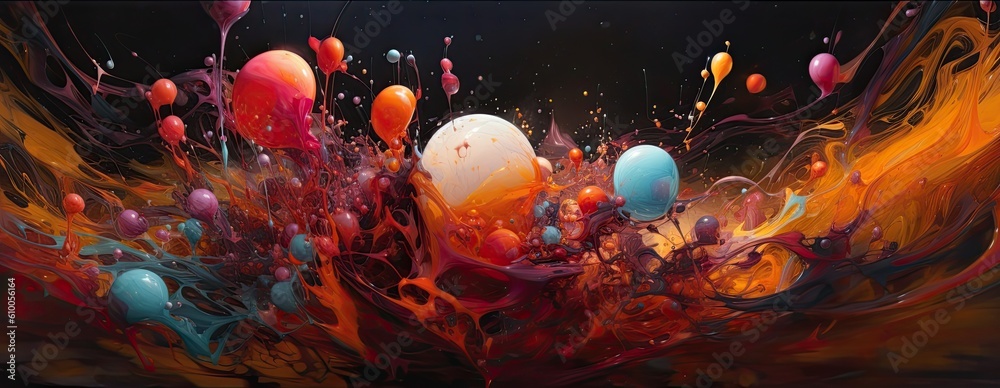 A dynamic collision of liquid spheres, with various colors and ...