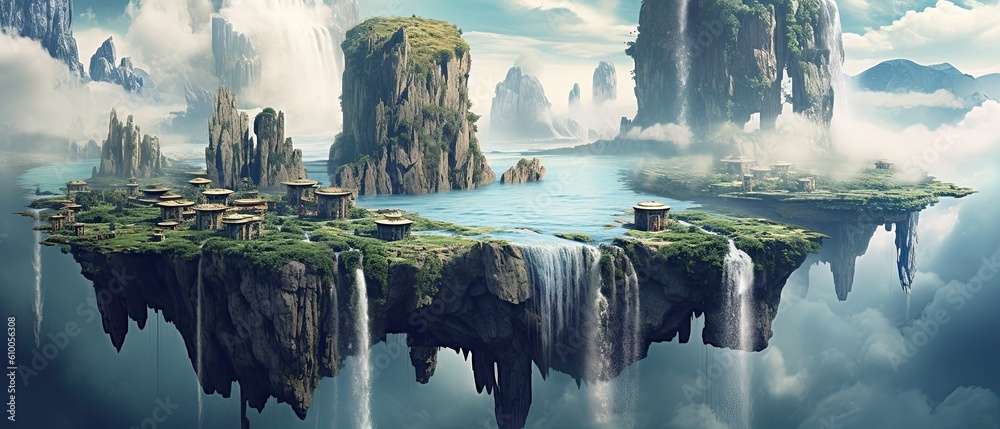 A surreal landscape of floating islands, where cascading waterfalls ...