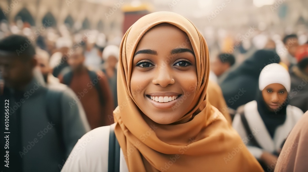 Muslim woman taking photo with phone camera showing view of kaaba in ...
