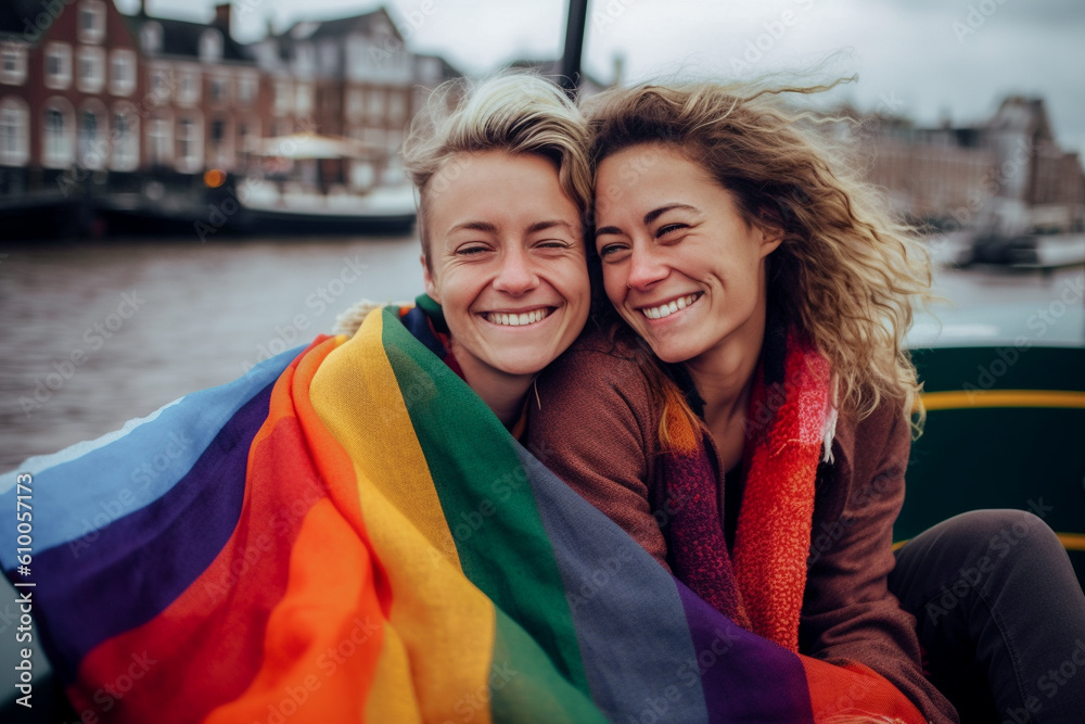 Beautiful generative ai lesbian couple in a boat in Amsterdam ...