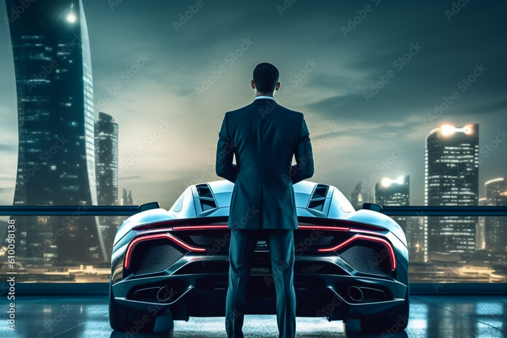 Rich business man wearing a suit standing next to supercar with city ...