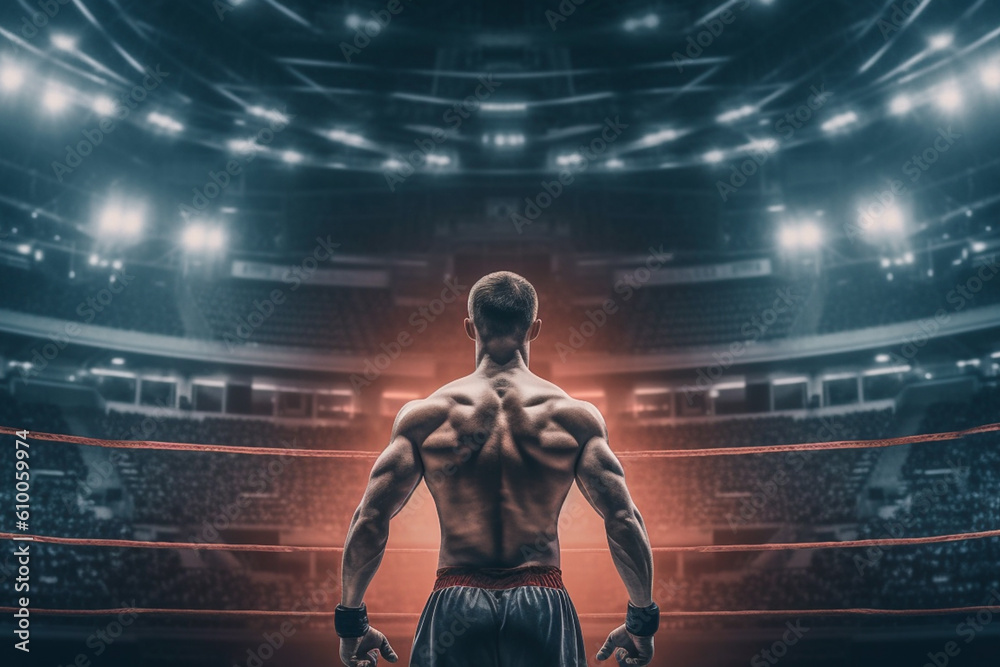 Boxer or MMA figher standing inside boxing ring in stadium, ready to ...