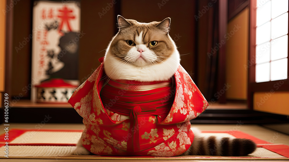 ภาพประกอบสต็อก fat sumo cat in kimono created with Generative AI ...