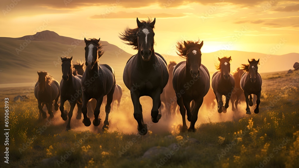 wild spirit of a galloping herd of horses, capturing their strength and ...