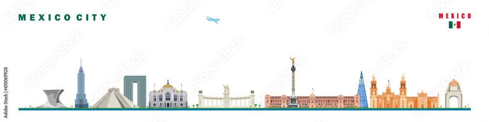 Mexico, Mexico City icon buildings, monument, city landmarks isolated ...