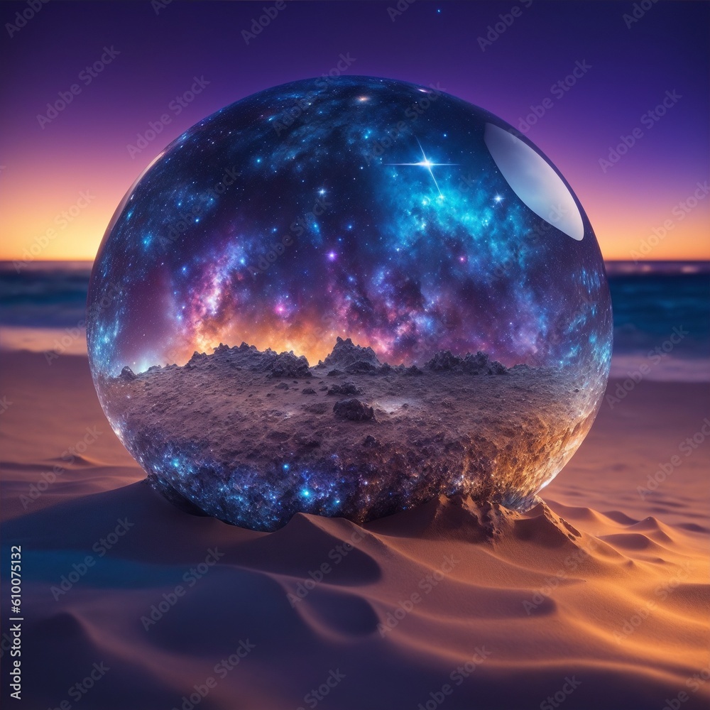 crystal sphere on a shoreline reflecting the epic sunset sky with stars ...