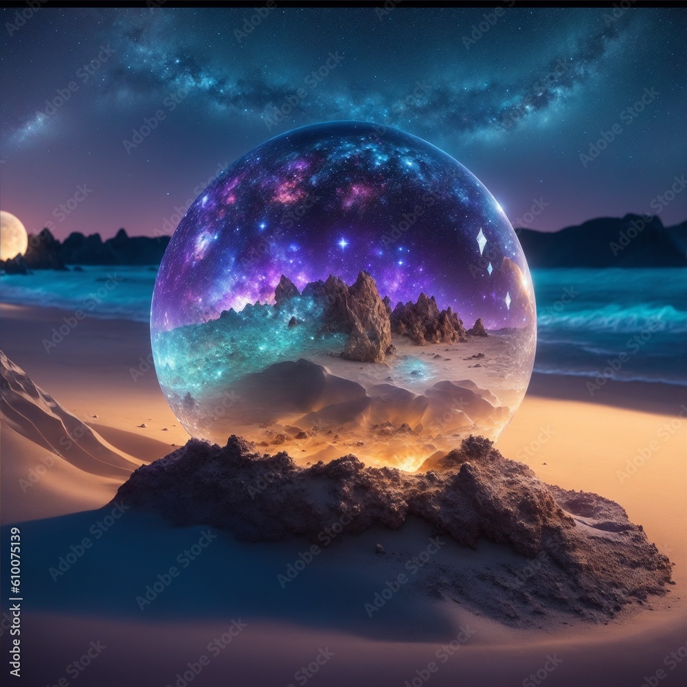 crystal sphere on a shoreline reflecting the epic sunset sky with stars ...