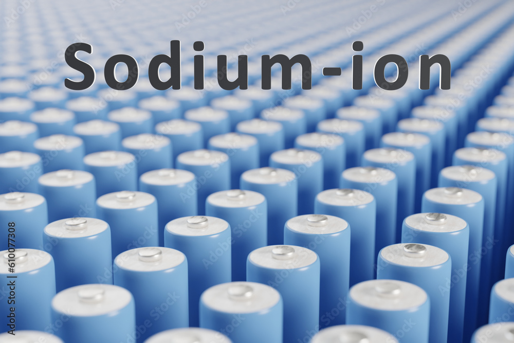 Sodium-ion batteries in a bright light spin around. 3D render animation ...