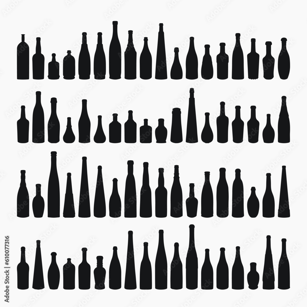 Shape of silhouettes of glass bottles for alcohol, wine, whiskey, vodka ...
