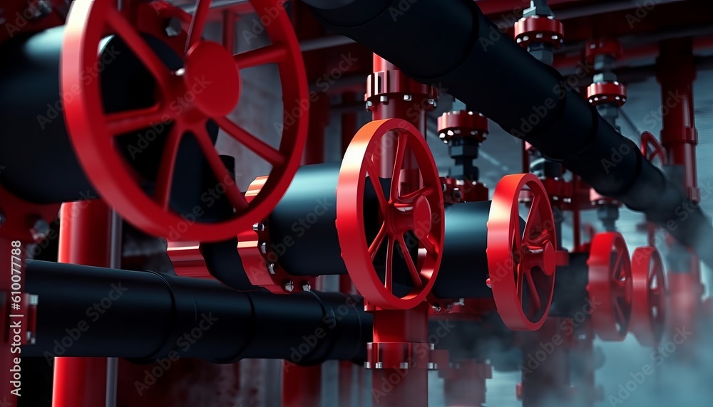 Pipes background. Steam around pipeline. Industrial equipment. Red ...