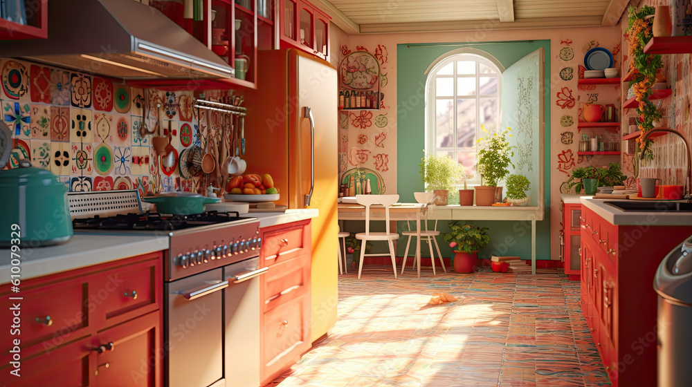 A bright and cheerful kitchen with a retro-inspired design. The room features a colorful tiled ...