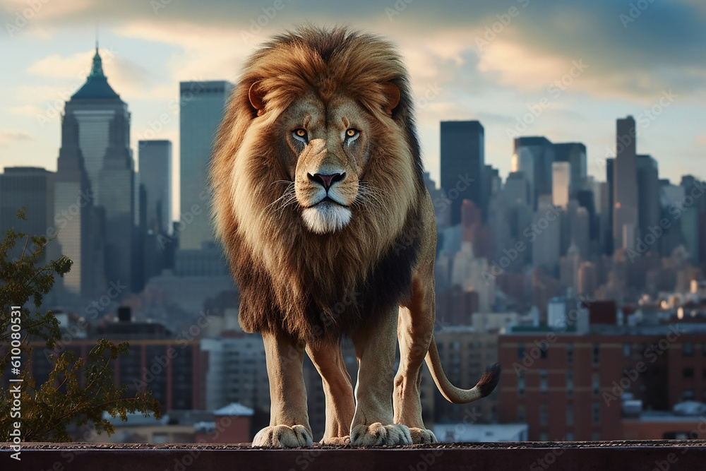 Majestic lion standing tall on a city street, with towering skyscrapers ...