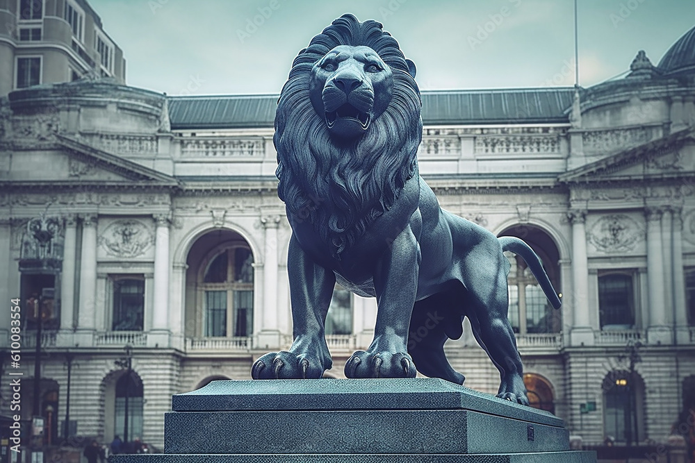 Majestic lion standing tall on a city street, with towering skyscrapers ...