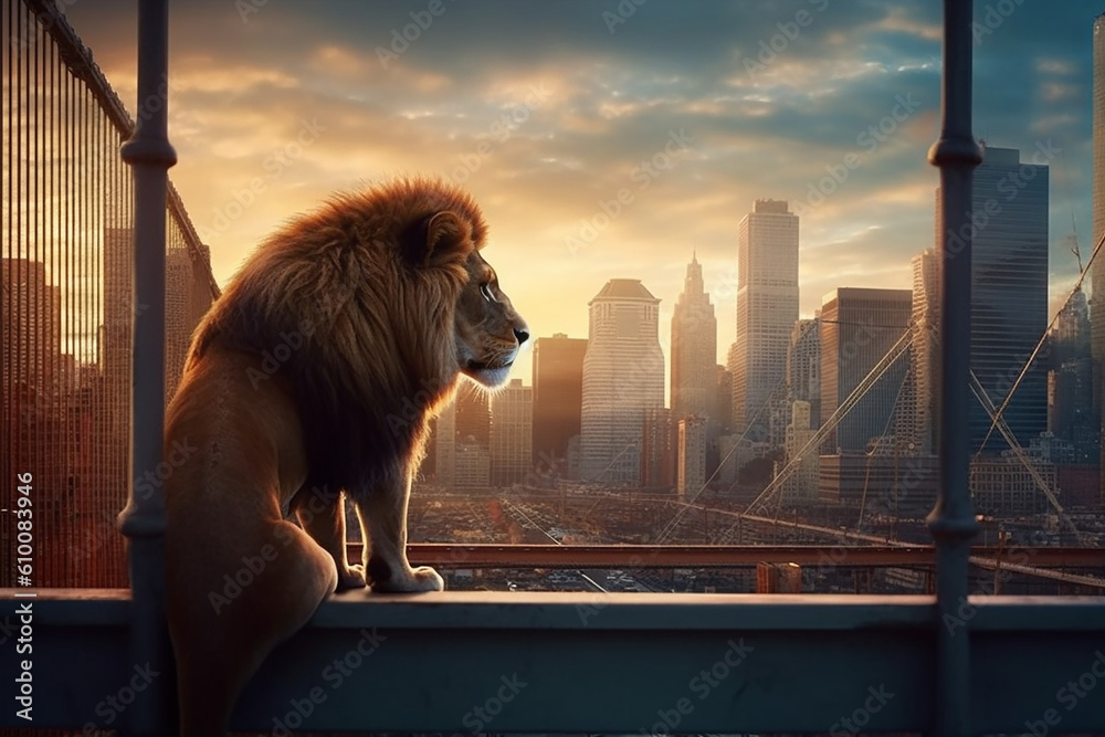 Majestic lion standing tall on a city street, with towering skyscrapers ...