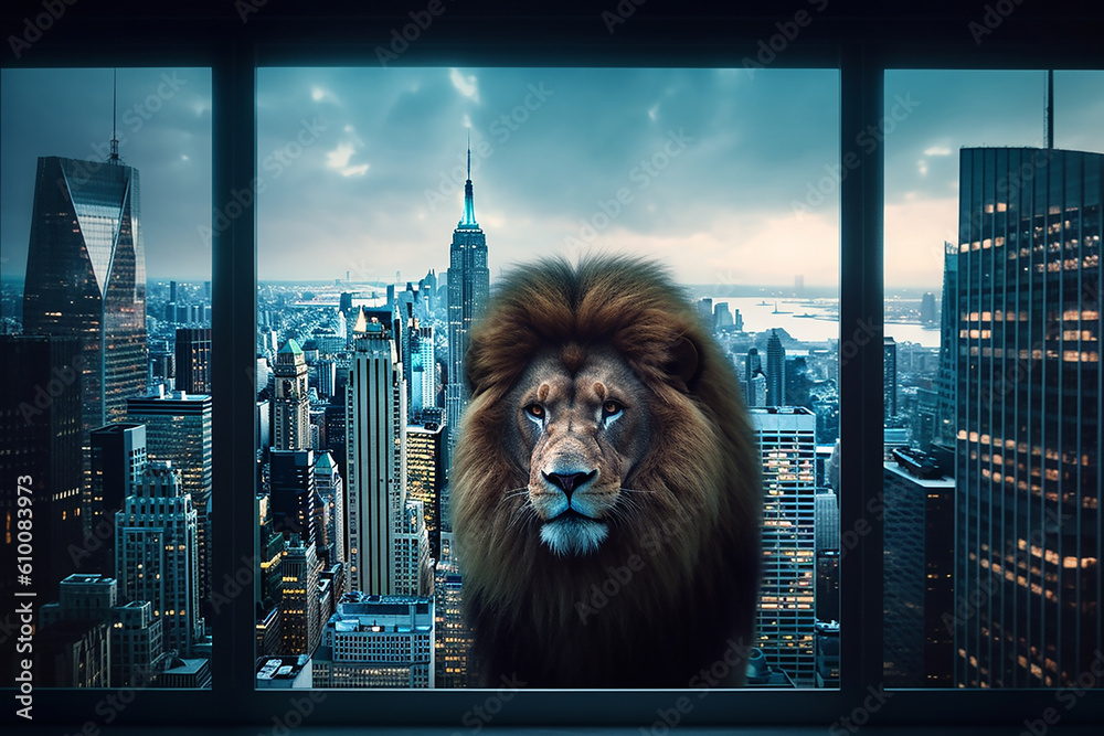 Majestic lion standing tall on a city street, with towering skyscrapers ...