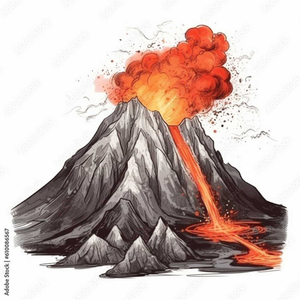 Illustration of an active vulcano, magma expells and lava flow down the ...
