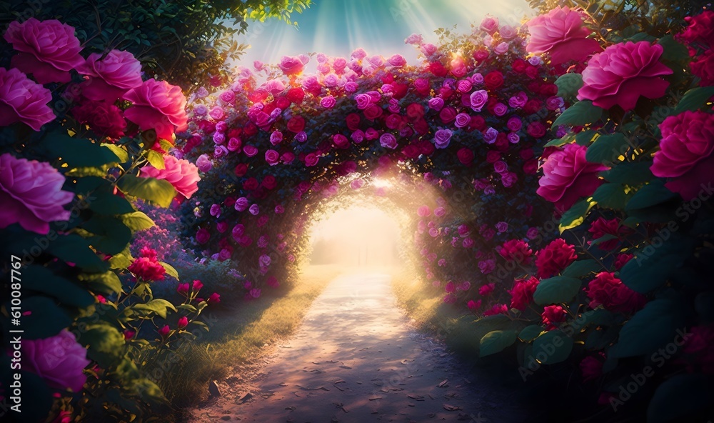 Fantasy pink Roses Flowers bloom and Road leads forward in Fabulous ...