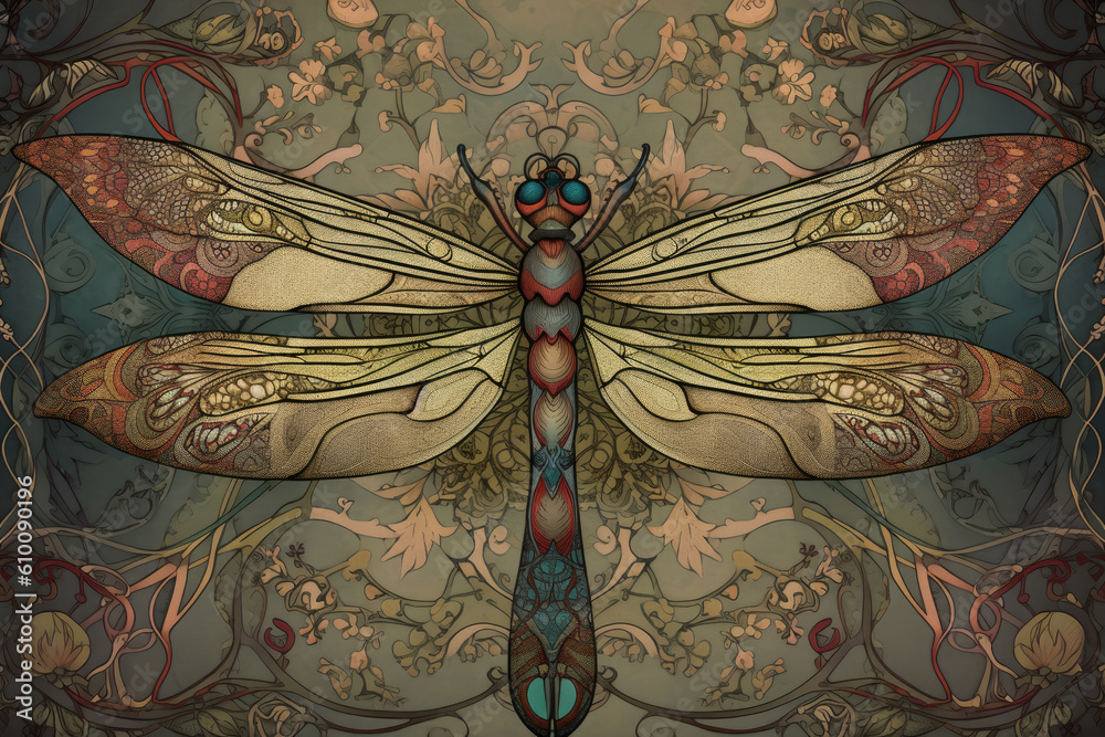 Art nouveau dragonfly design with watercolor-like textures and earthy ...