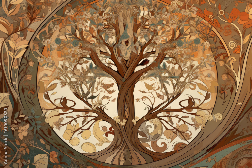 Art nouveau tree of life pattern with warm earth tones and flowing ...