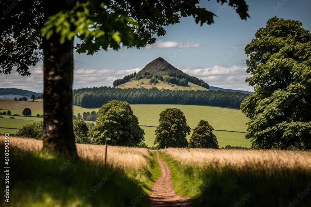 Scenery of the German Hesse volcano Hoherodskopf. Meadows, hills ...