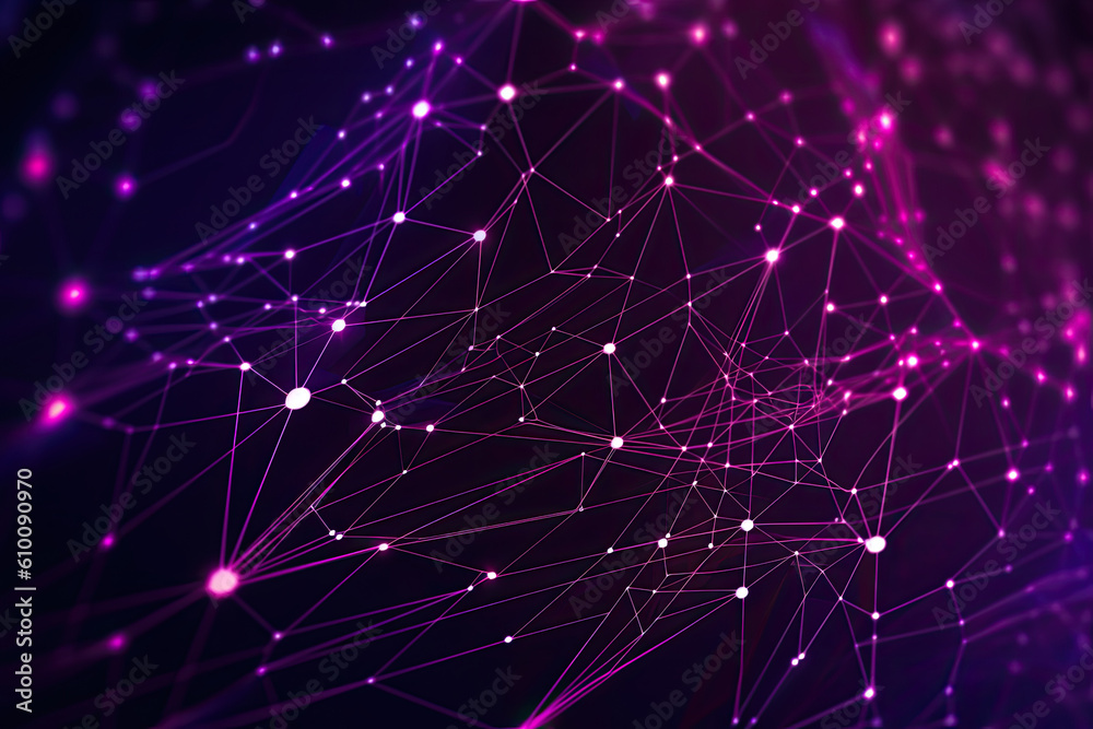 Binary code mesh network with geometric shapes in purple and pink ...