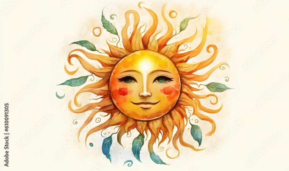 Watercolor sun with face, cute mystical watercolor drawing for ...