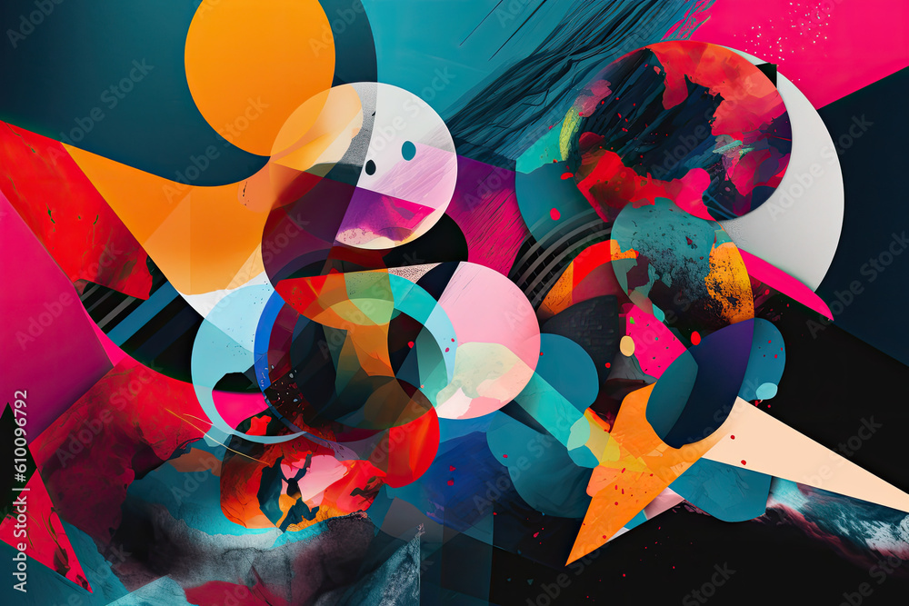 Dynamic photo collage with abstract shapes and bold color contrasts ...