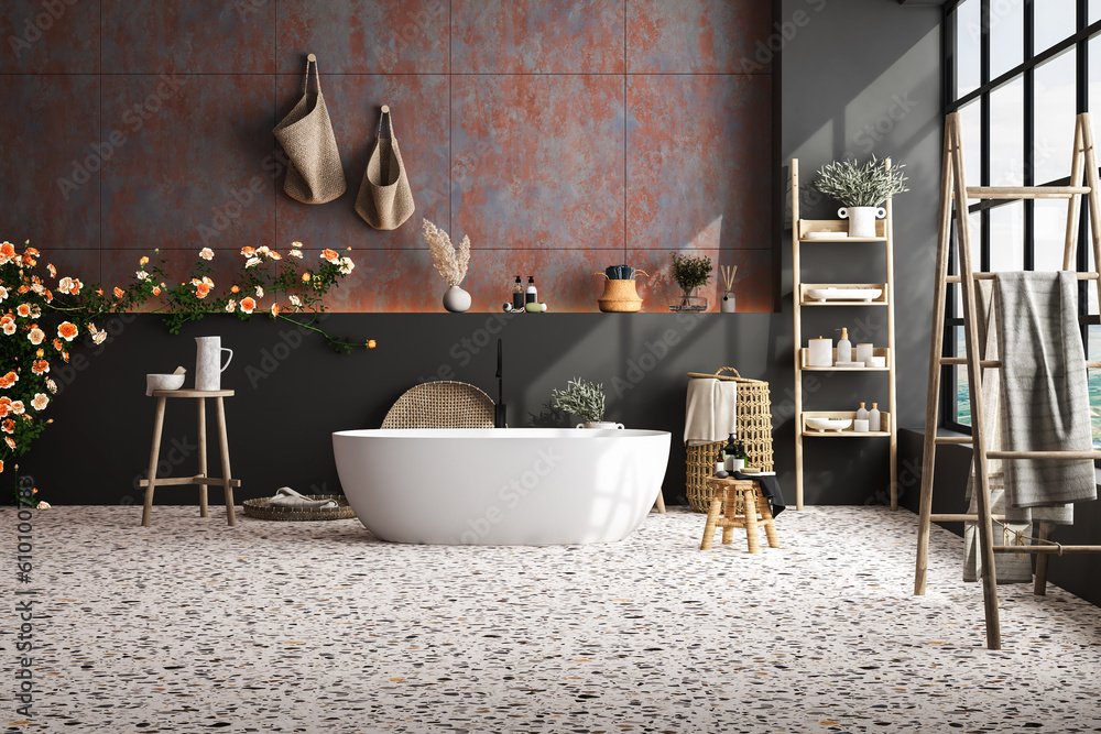 Modern cozy bathroom interior with beautiful bathtub, bathroom ...