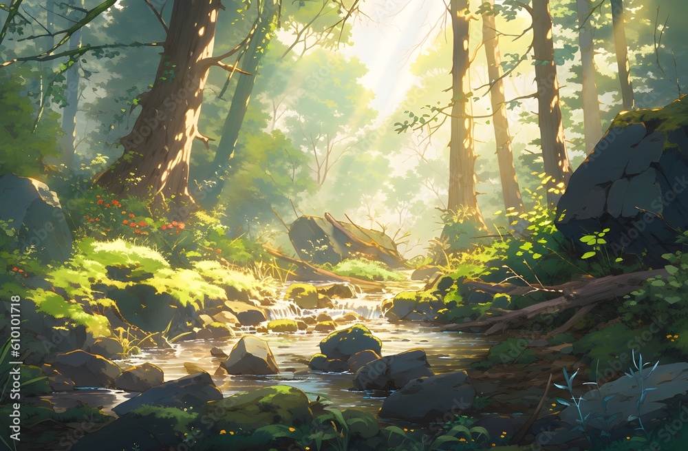 Anime Verzauberter Wald am See mit Ruinen und Sonnenstrahlen im Sommer ...