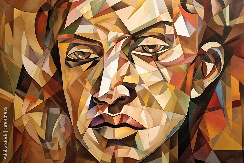 intricate cubist artwork of a human face with sharp angles and ...