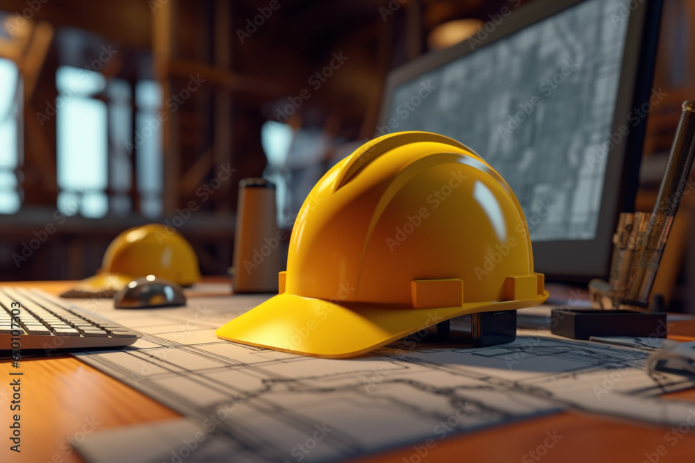 Construction coordination, Blueprints, yellow helmet, and computer at ...