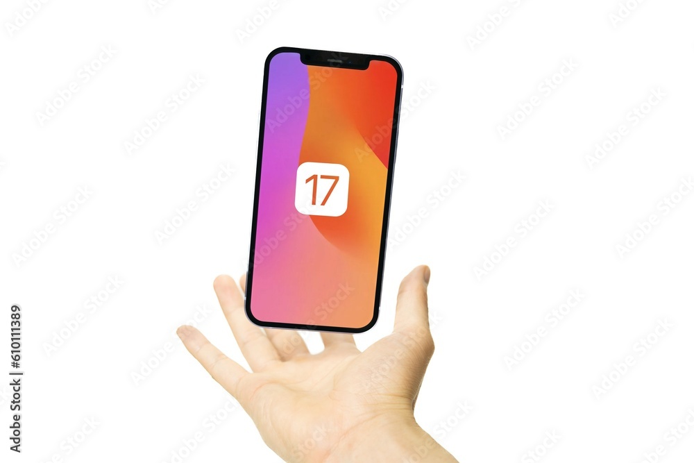 iPhone with iOS 17 logo on the screen, new operating system 2023 on ...