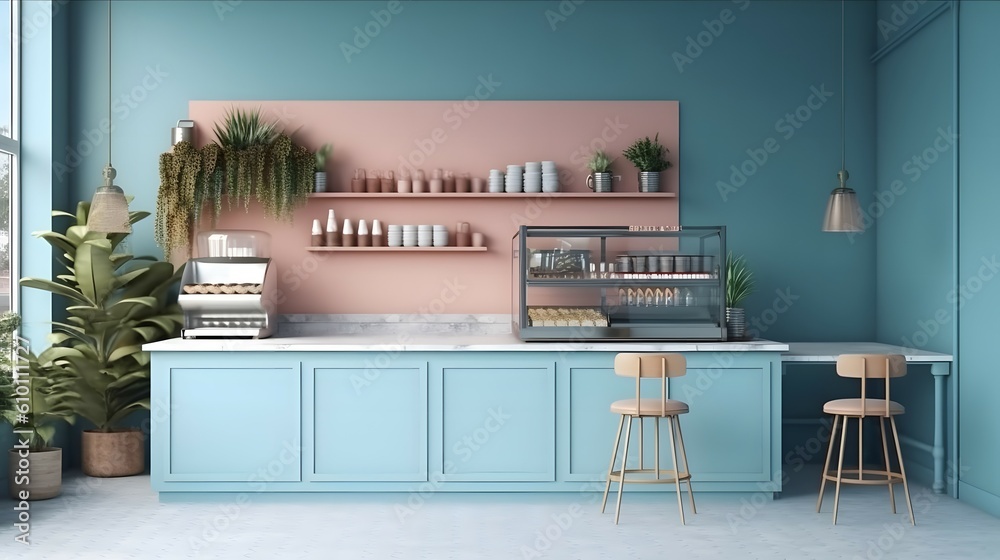 Realistic 3D render cafe interior design in pastel minimal style, Front ...