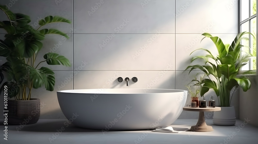 White round side table, bathtub, counter and tropical plant in modern ...