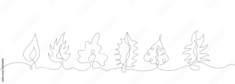 Continuous line drawing of six leaves. Leaves line art sltyle. One line ...