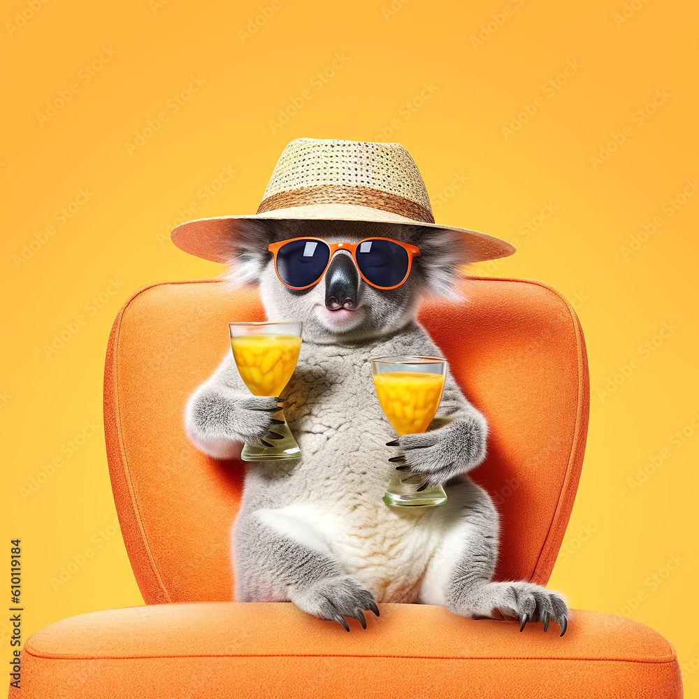 Funny koala wearing summer straw hat and stylish sunglasses, holding ...