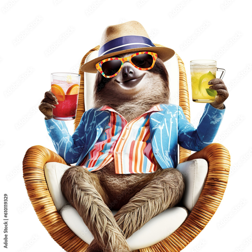 Happy and smiling sloth wearing summer hat and stylish sunglasses ...