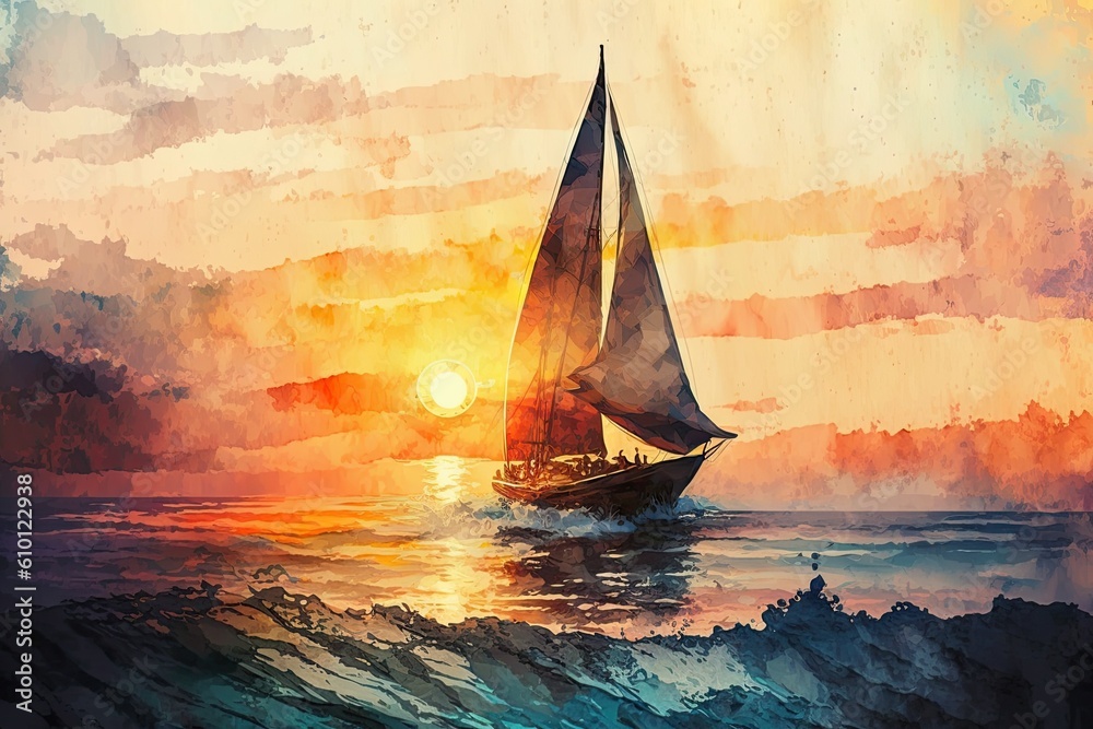 sailboat on ocean at sunset beautiful watercolor style. Glorious ...