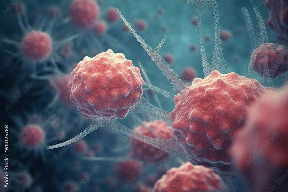 Malignant cancer cells under a microscope. AI generated, human enhanced ...
