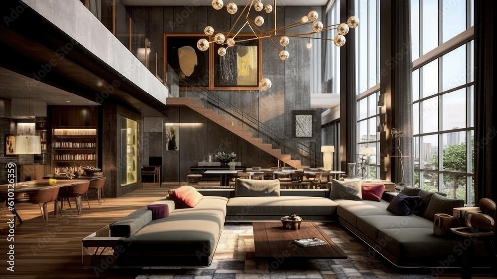 A modern loft living room in a luxury mansion decorated with a pendulum ...