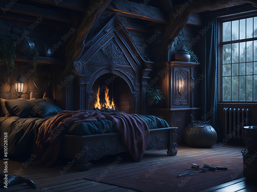 Fantasy interior of a medieval bedroom with traditional decorations and ...