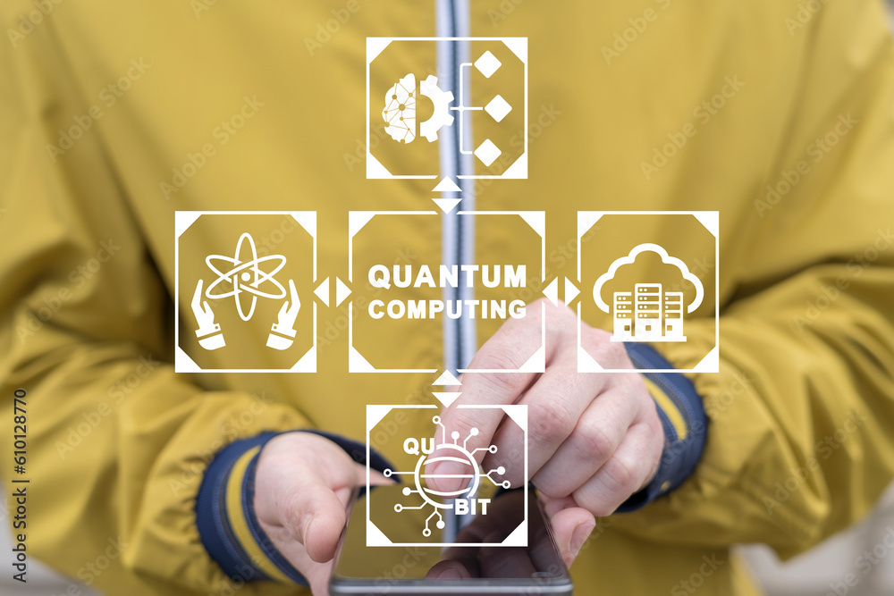 Concept of quantum computing. Quantum computer, smart phone, artificial ...