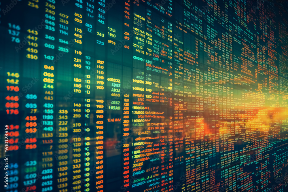 Stock exchange charting data image, dark azure and orange, light green ...