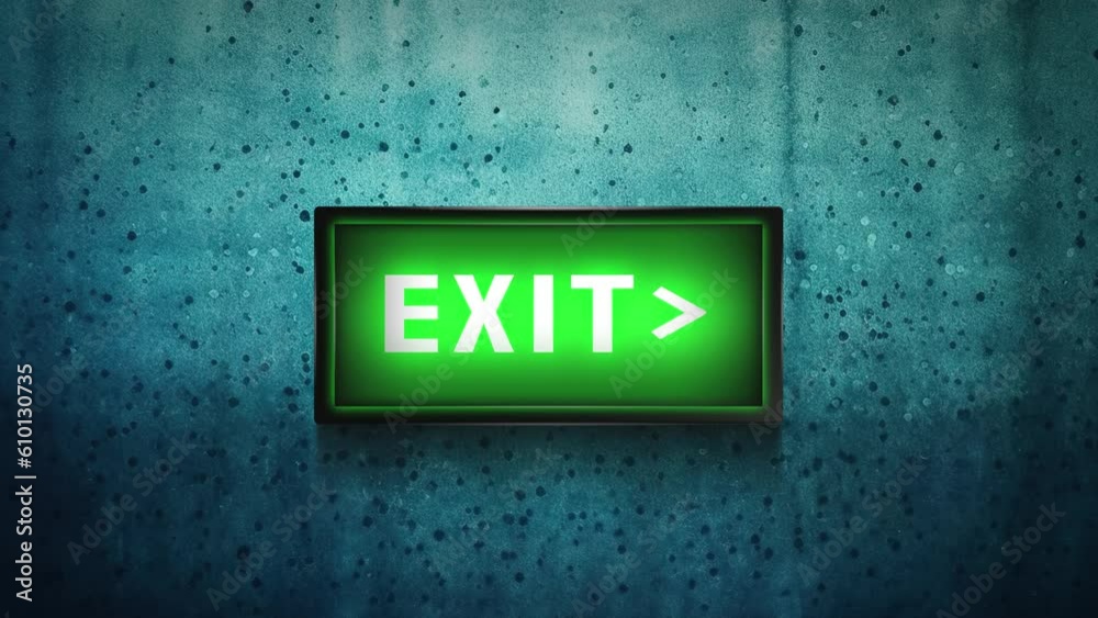Exit Sign with Green Glowing Light on Grungy dirty Wall. Safety Exit ...