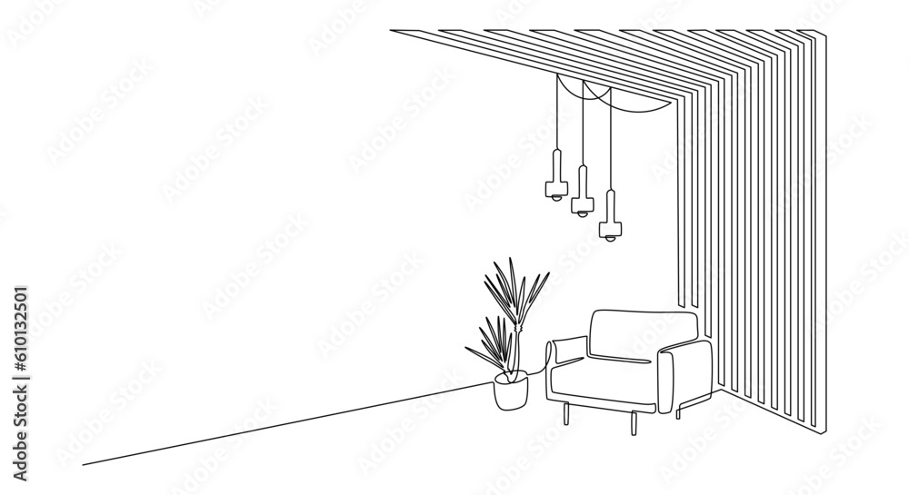 One continuous line drawing of design interior with armchair and wood ...